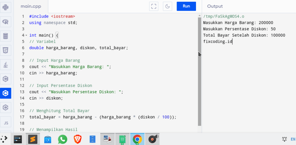 Contoh Program C++ harga diskon dan penjelasannya | Fix Coding Contoh Program C++ harga diskon dan penjelasannya | Fix Coding